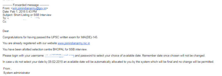 IMA 145 SSB Interview Dates - CDS 2 2017