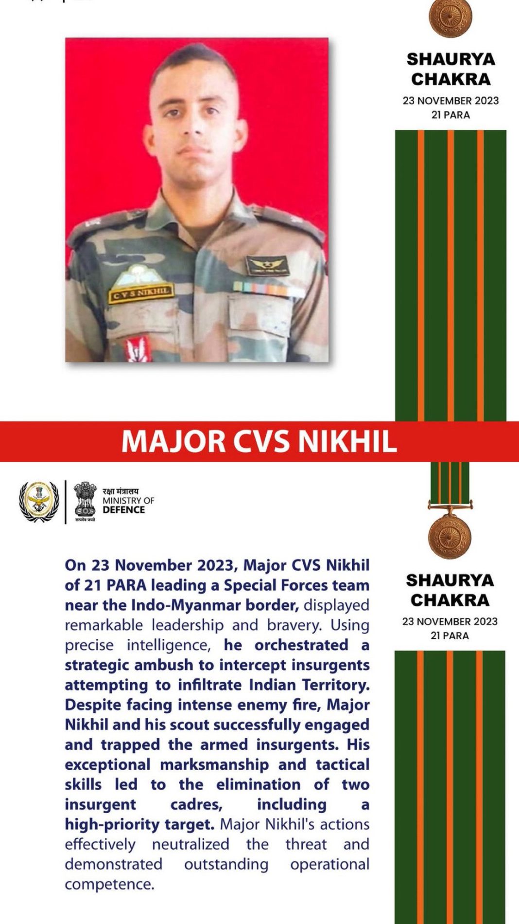 21 Para SF Major (now Lt Col) CVS Nikhil Awarded Shaurya Chakra for Gallantry on India-Myanmar ...