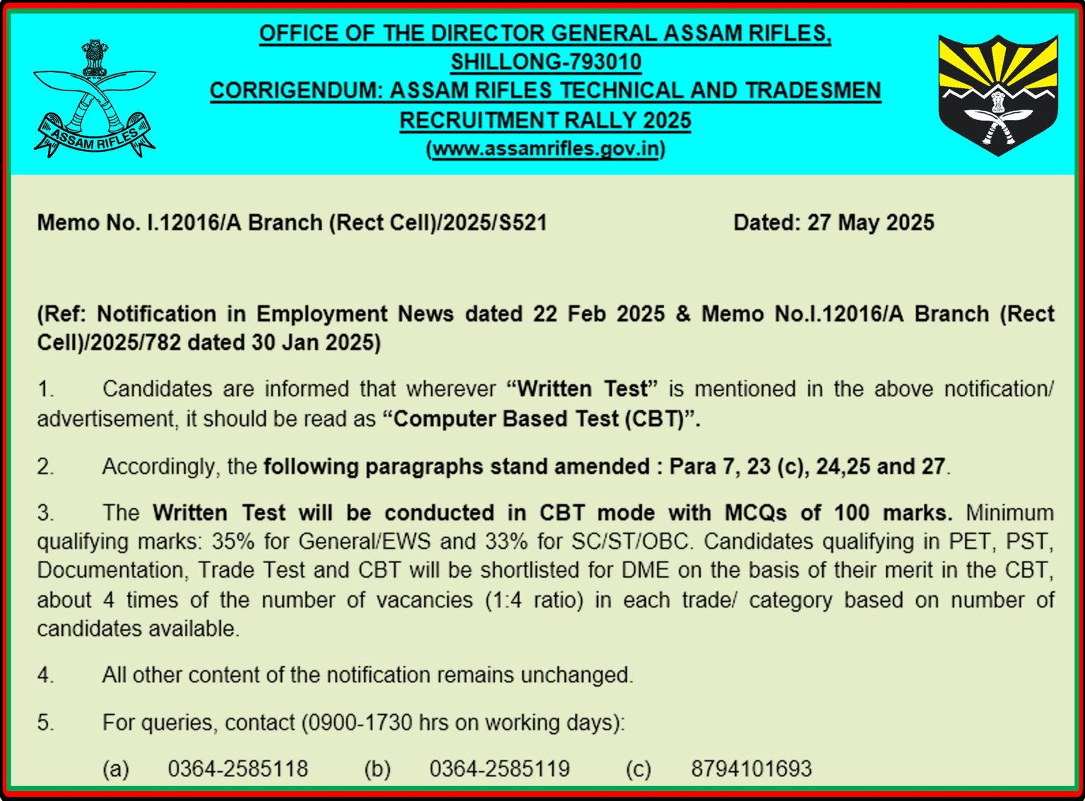 Assam Rifles Issues Corrigendum for 2025 Technical and Tradesmen Recruitment Rally