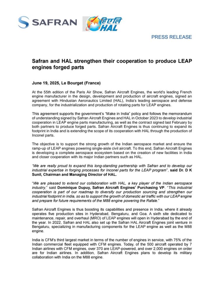Safran and HAL Deepen Partnership for LEAP Engine Forged Parts Production