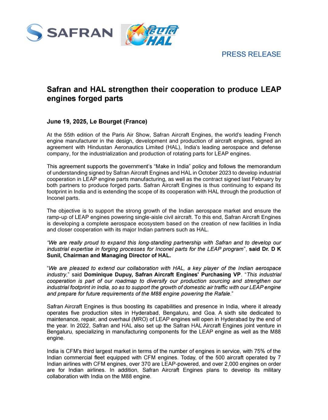 Safran and HAL Deepen Partnership for LEAP Engine Forged Parts Production